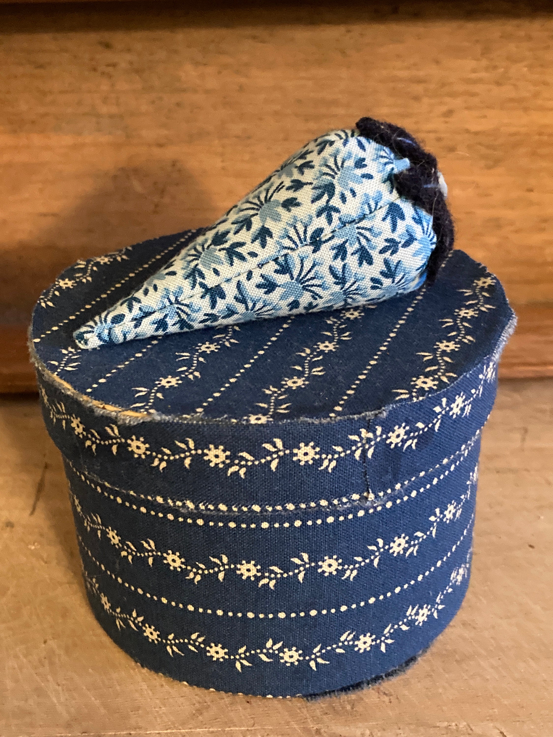 Primitive Pantry Box, Blue Fabric Covered Pantry Box, Prim Box, Strawberry Pin Cushion, Trinket ...