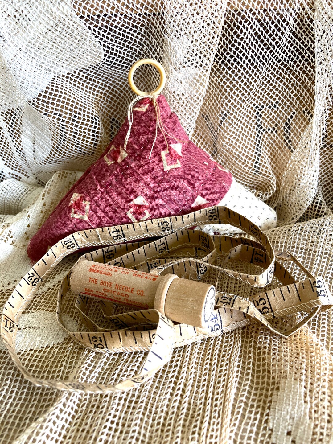 Vintage Red Calico Pin Cushion, Pin Keep, Wood Needle Case, Cloth Tape ...