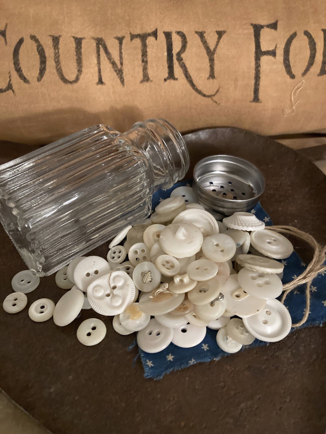 Vintage White Buttons | Blue Calico Accent | Hoosier Style Jar | Old ...