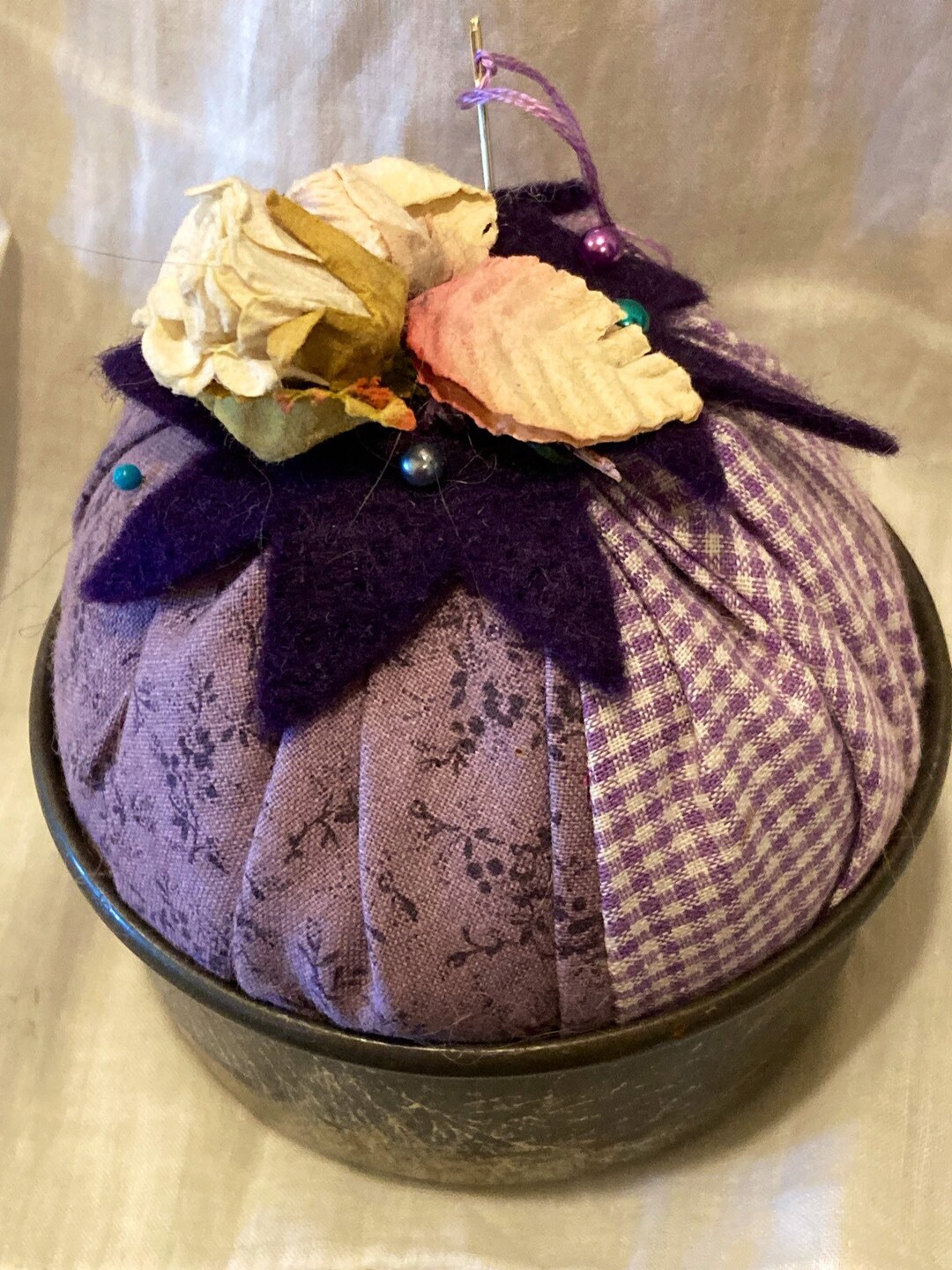 Cottage Pin Cushion, Vintage Tart Tin, Old White Buttons, Pin Keep ...