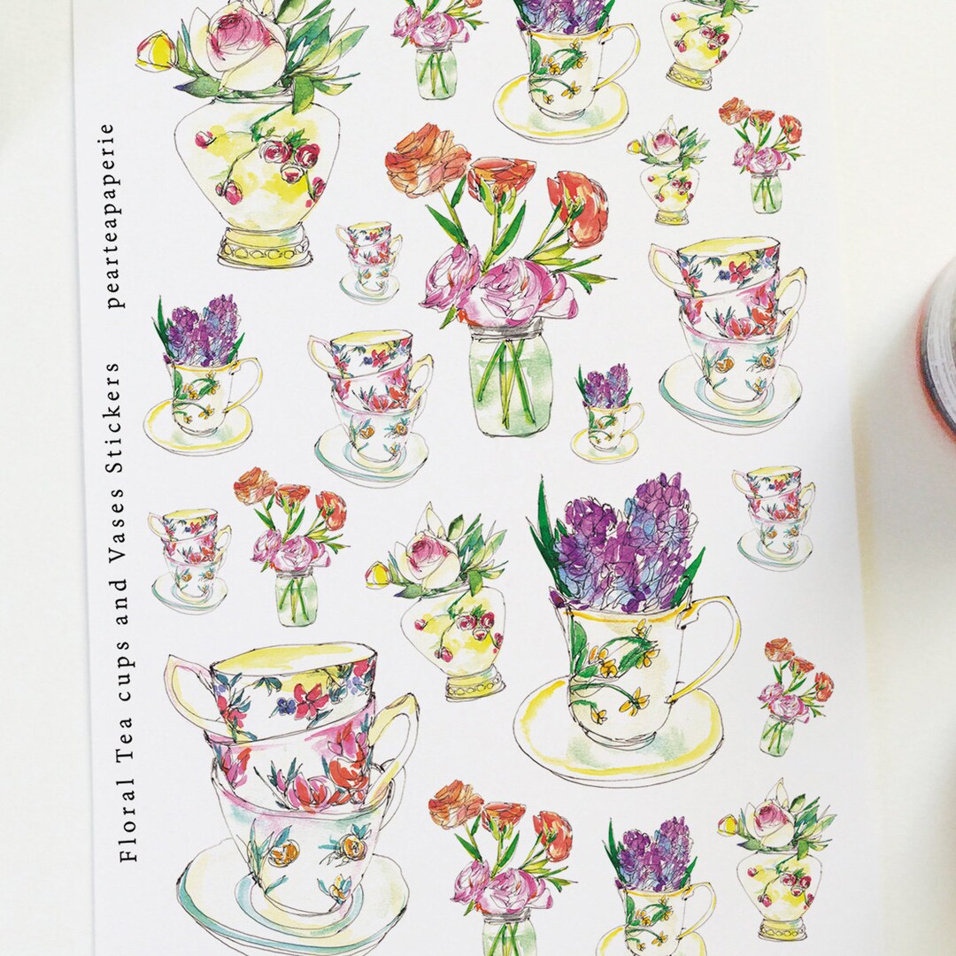 Floral Tea Cups and Vases Stickers , Flower Decoration, Floral Art ...