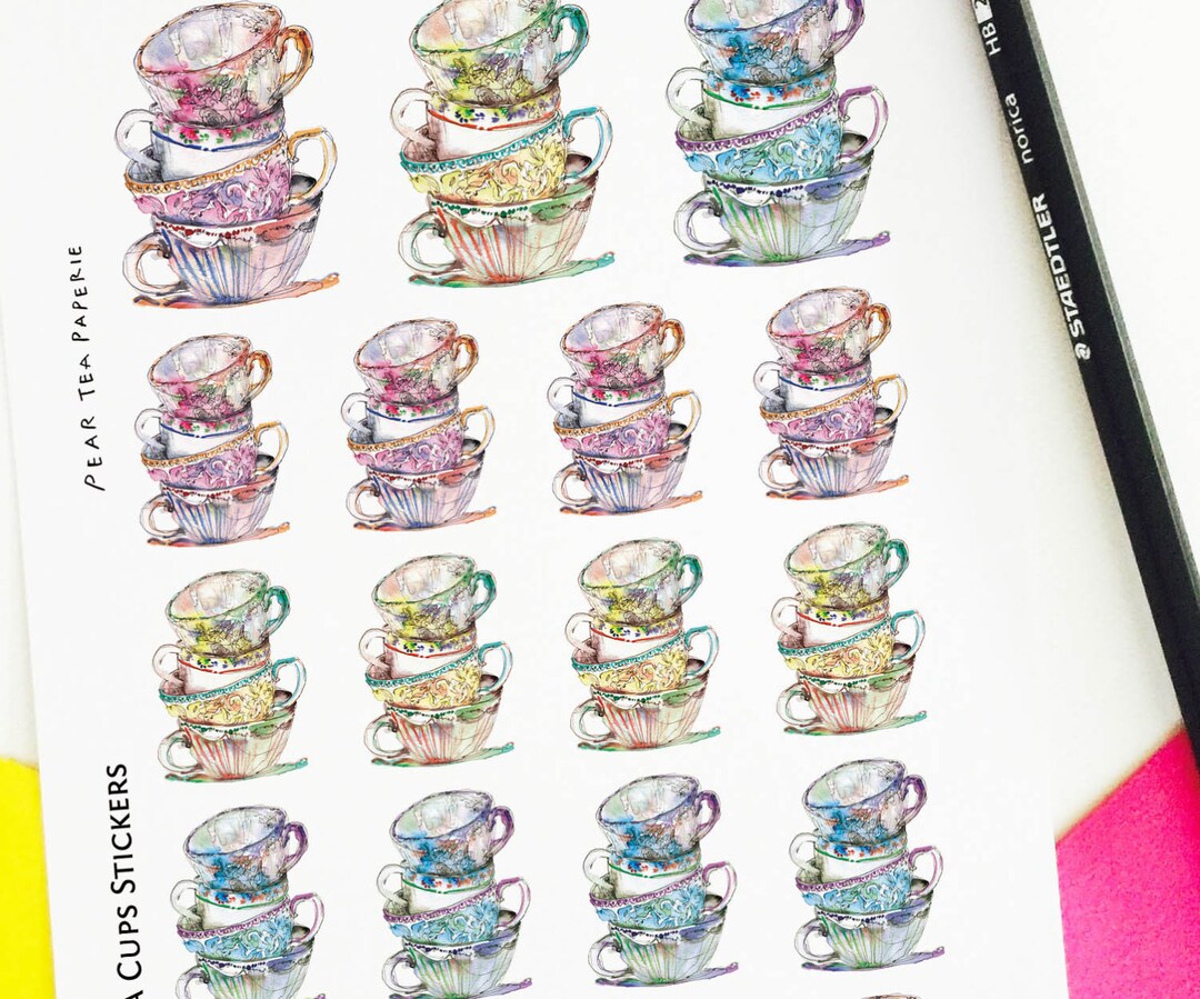 Tea Cups Stickers, Colorful Tea Cup Stickers, Decor Stickers, Planning ...