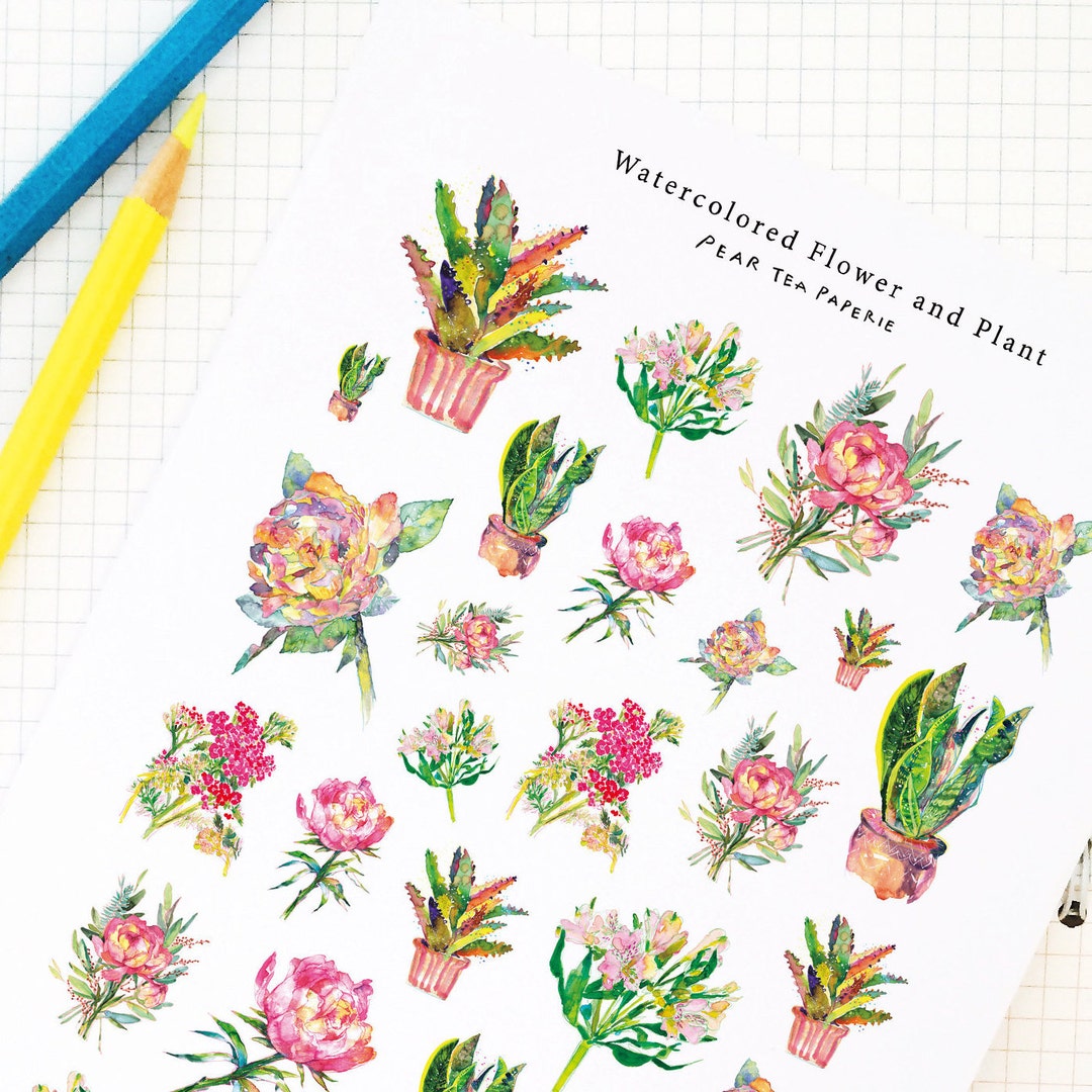 Watercolored Flower and Plant Stickers, Watercolor Art, Botanical ...
