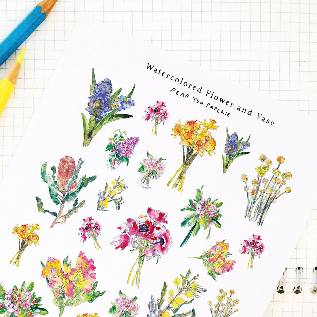 Watercolored Flower and Vase Stickers, Watercolor Art, Botanical ...