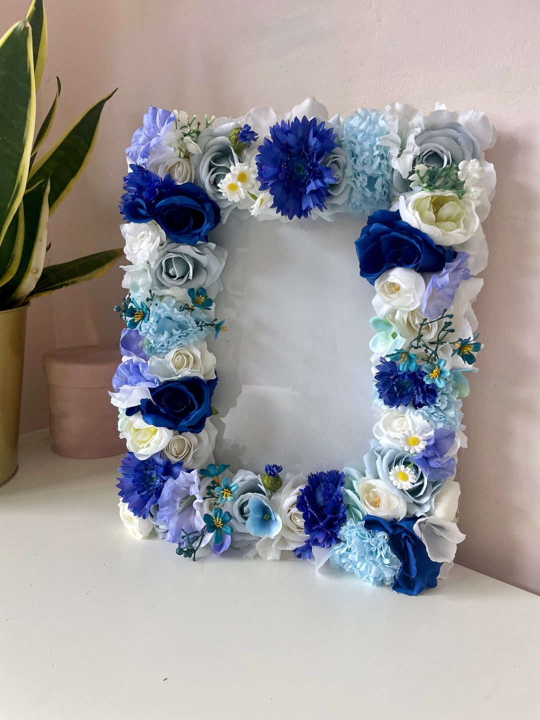 Blue 3D Floral Photo Frame, Custom Flower Frame, Wedding Gift Idea, Funeral/memorial Photo Frame ...