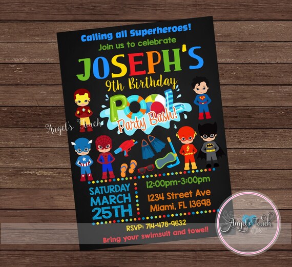 Superhero Pool Party Invitation Superheroes Birthday Invitation Pool ...