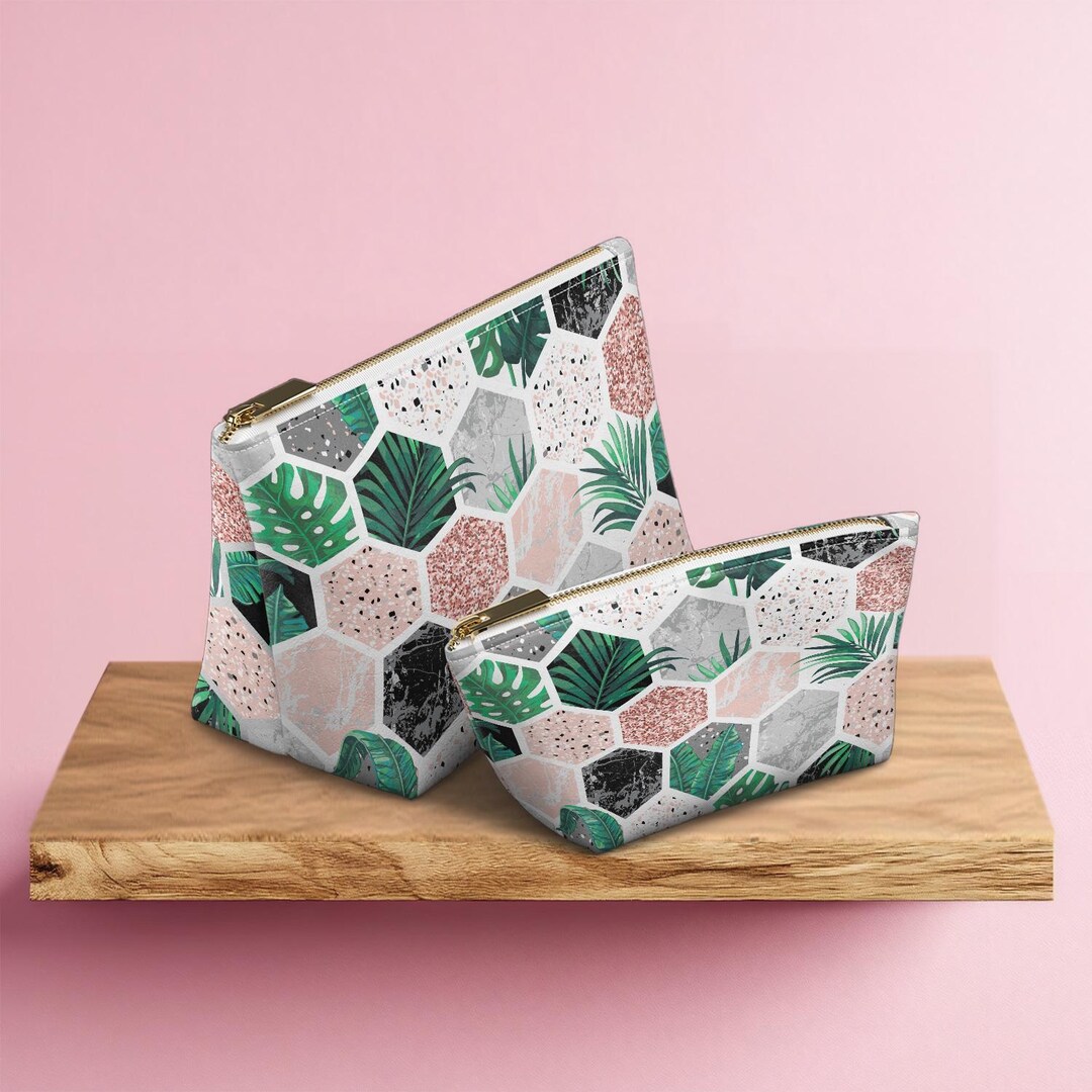 Geometric Marble Travel Pouch Set Tropical Leaves Cosmetic Handbag ...