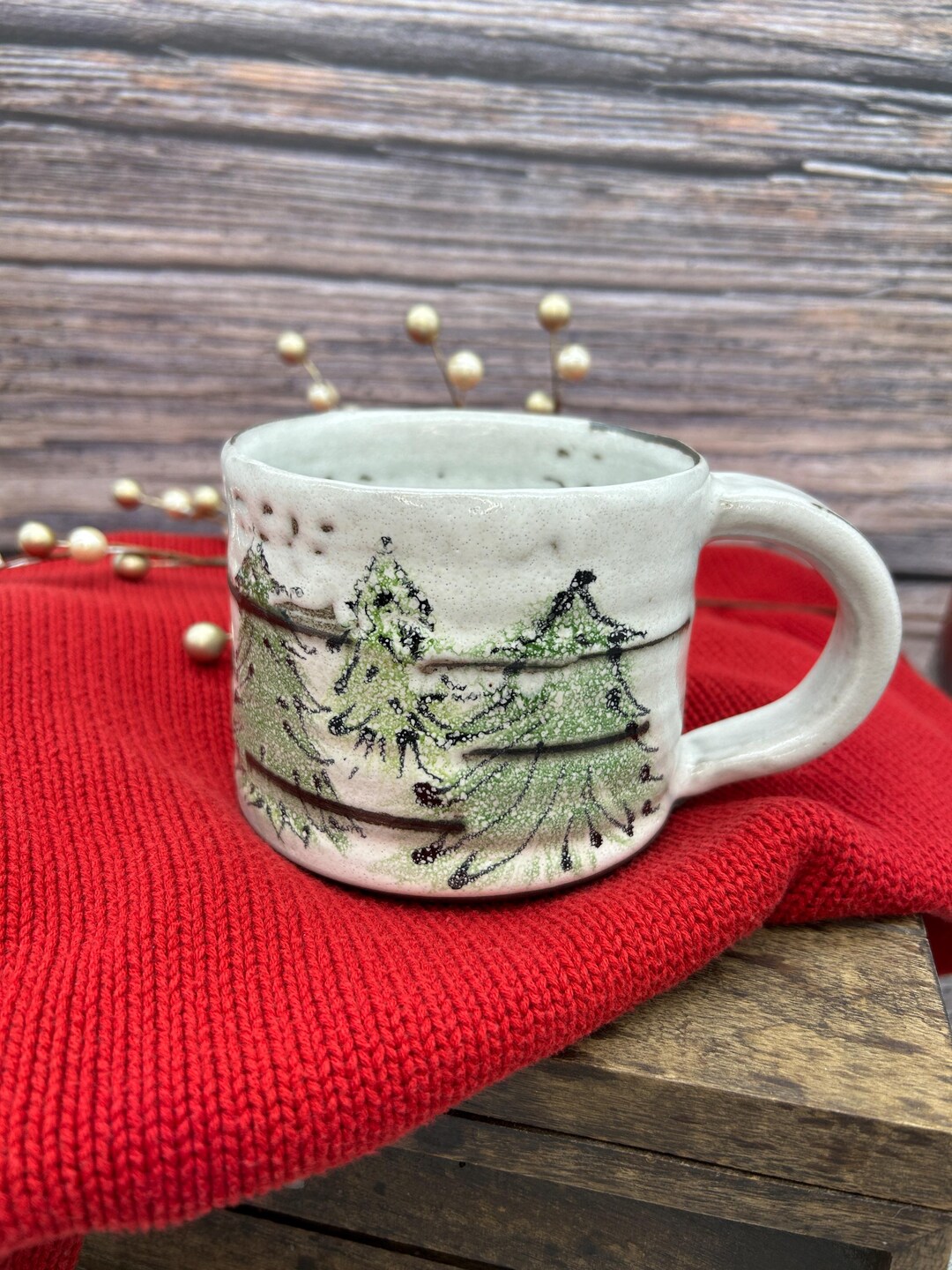 Stoneware Coffee Mug Handmade Brown Stoneware Snowy Pines Christmas Mug ...