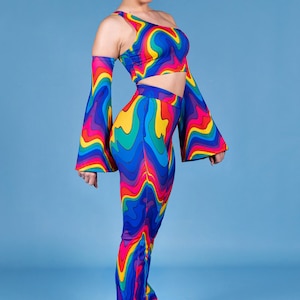 Rainbow Flare Pants, High Waisted Disco Pants, Colorful Flare Leggings ...