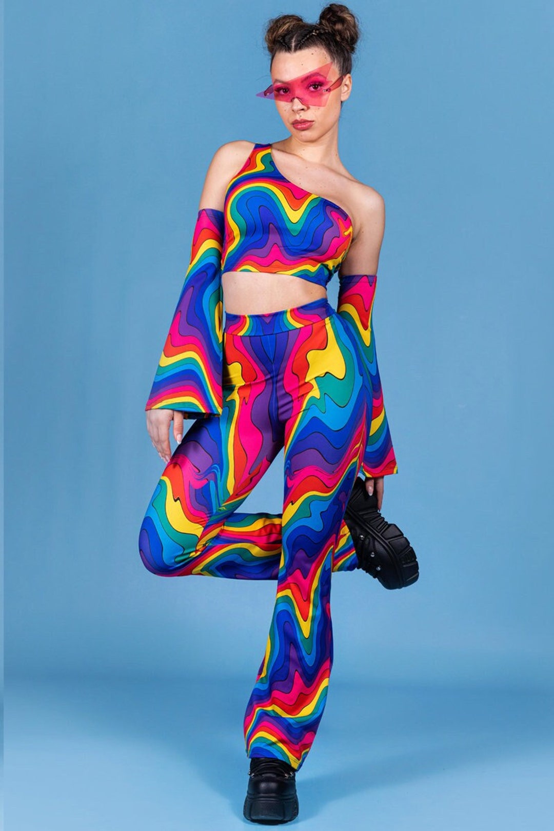 Rainbow Flare Pants, High Waisted Disco Pants, Colorful Flare Leggings ...
