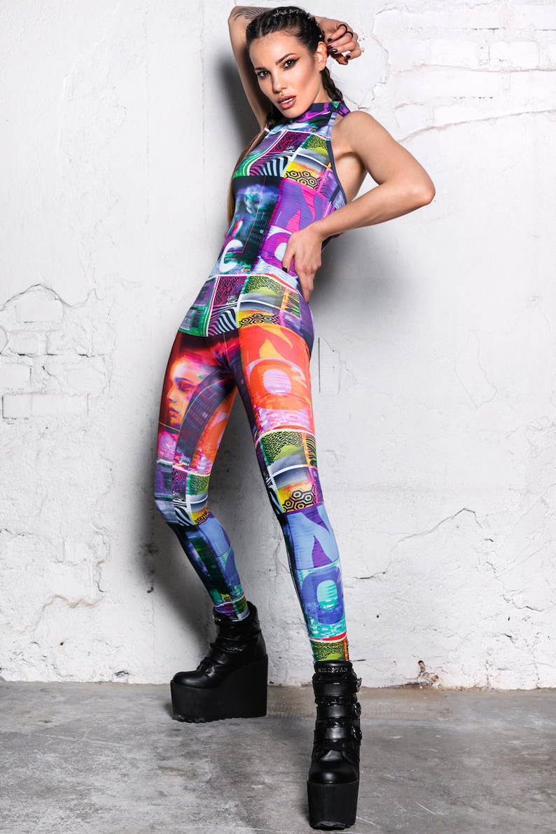 Glitch Festival Catsuit, Halter Neck Jumpsuit, Spandex Rave Catsuit ...