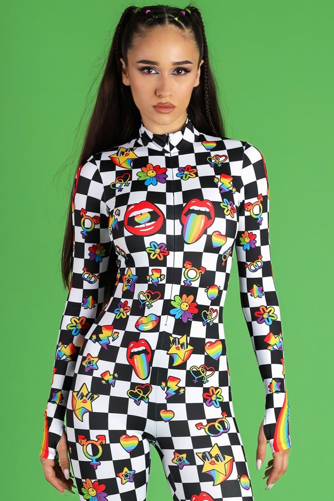 Checkered Costume With Rainbow Symbols, Rave Bodysuit Costume, One ...