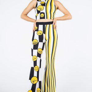 Emoji Disco Pants, Printed Smiley Face Pants, High-waisted Rave Pants ...