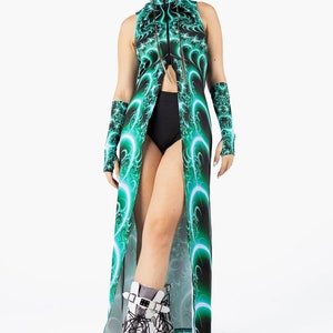 Psychedelic Rave Dress, Green Rave Outfit, Front Zipper Maxi Dress ...