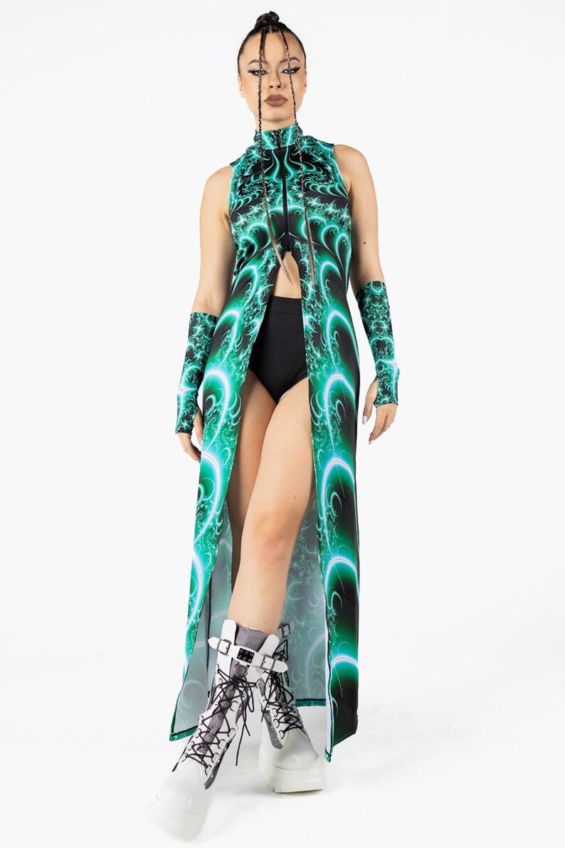 Psychedelic Rave Dress, Green Rave Outfit, Front Zipper Maxi Dress ...