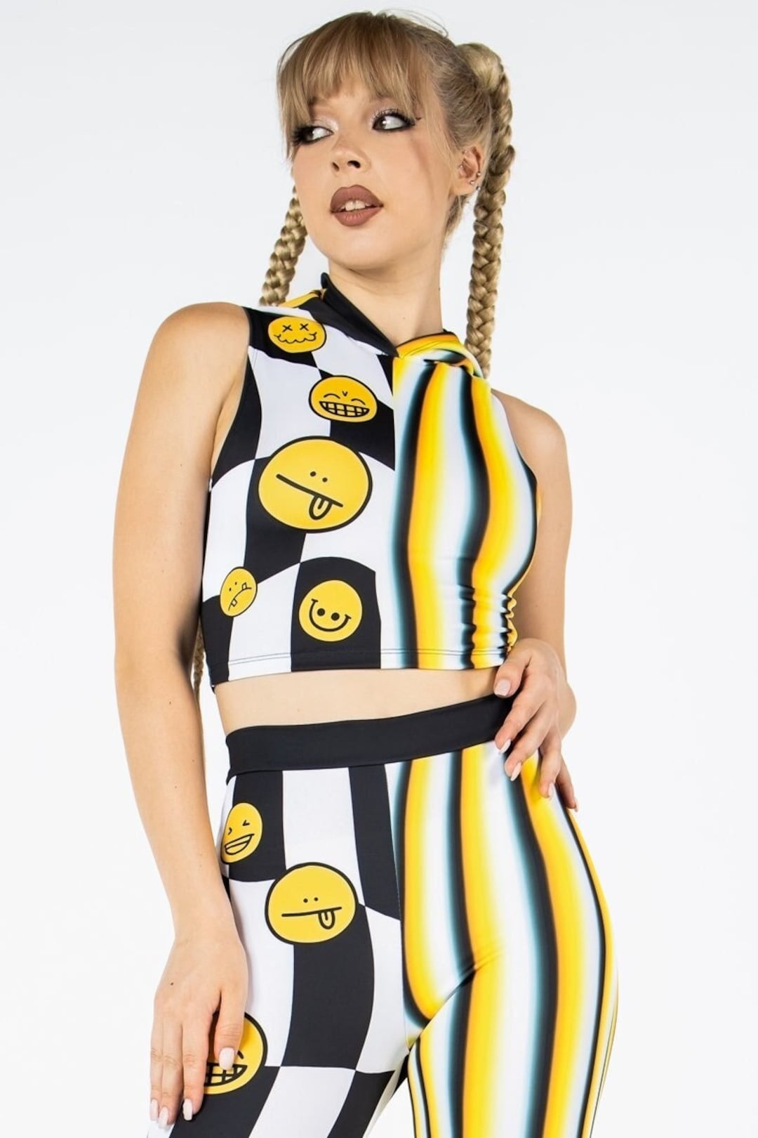 Emoji Disco Pants, Printed Smiley Face Pants, High-waisted Rave Pants ...