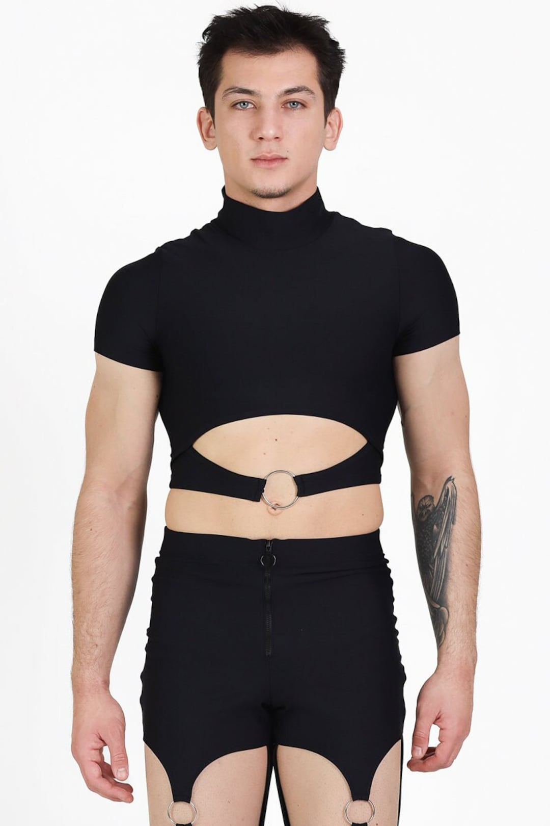 All Black Crop Top for Men, Cropped Top With Rings, 2 Piece Set for Men ...