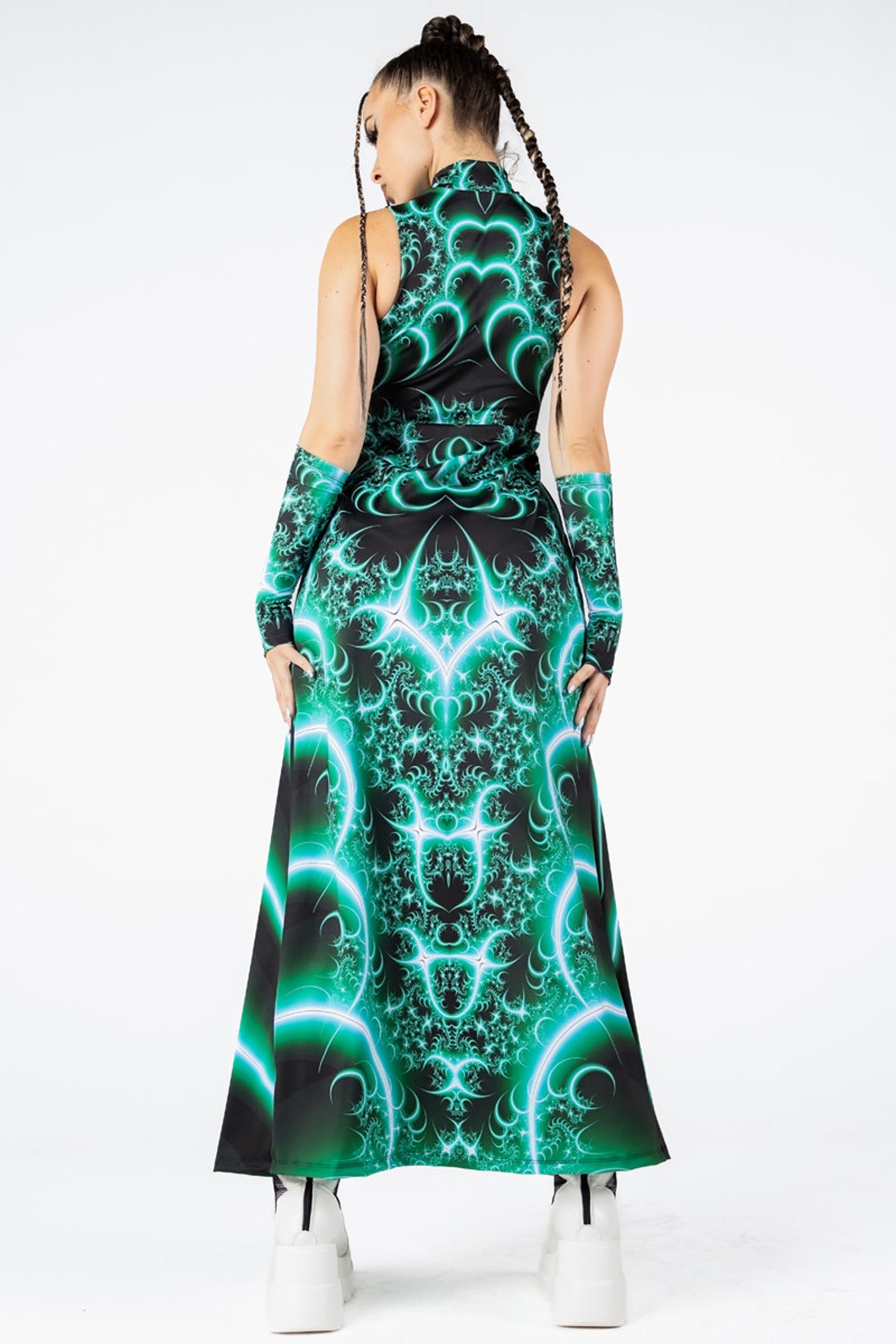 Psychedelic Rave Dress, Green Rave Outfit, Front Zipper Maxi Dress ...