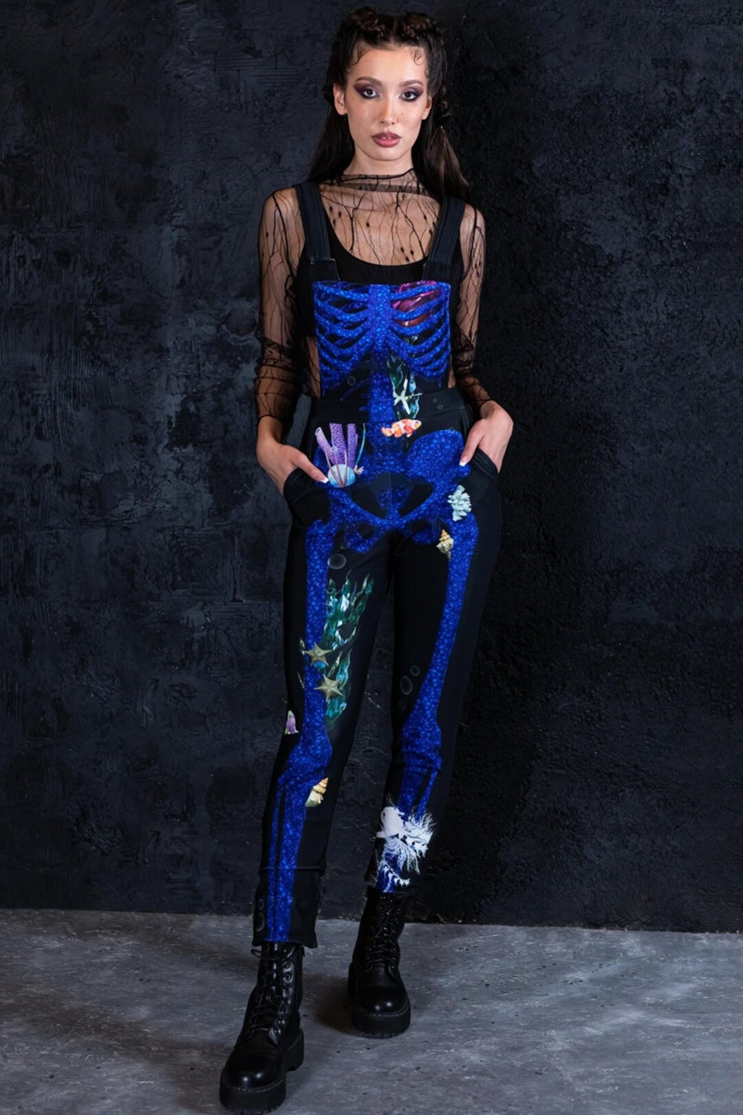 Sea Skeleton Overalls, Black Overalls With Blue Skeleton, Plus Size ...