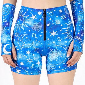 Blue Zip up Spandex Shorts, Zodiac Biker Shorts, Women Rave Co-ord Set ...