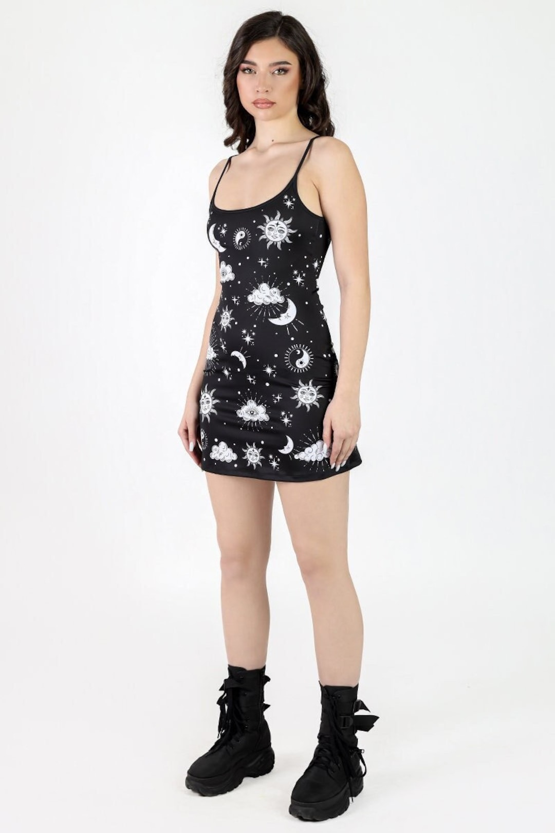 Celestial Strappy Dress, Printed Sun & Moon Mini Dress, Sexy Above the ...