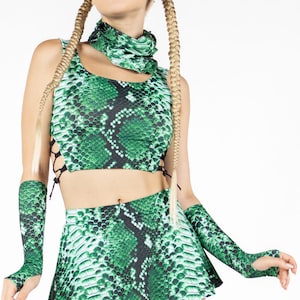Green Snakeskin Lace up Crop Top, Snake Print Cut-out Crop Top, Rave ...