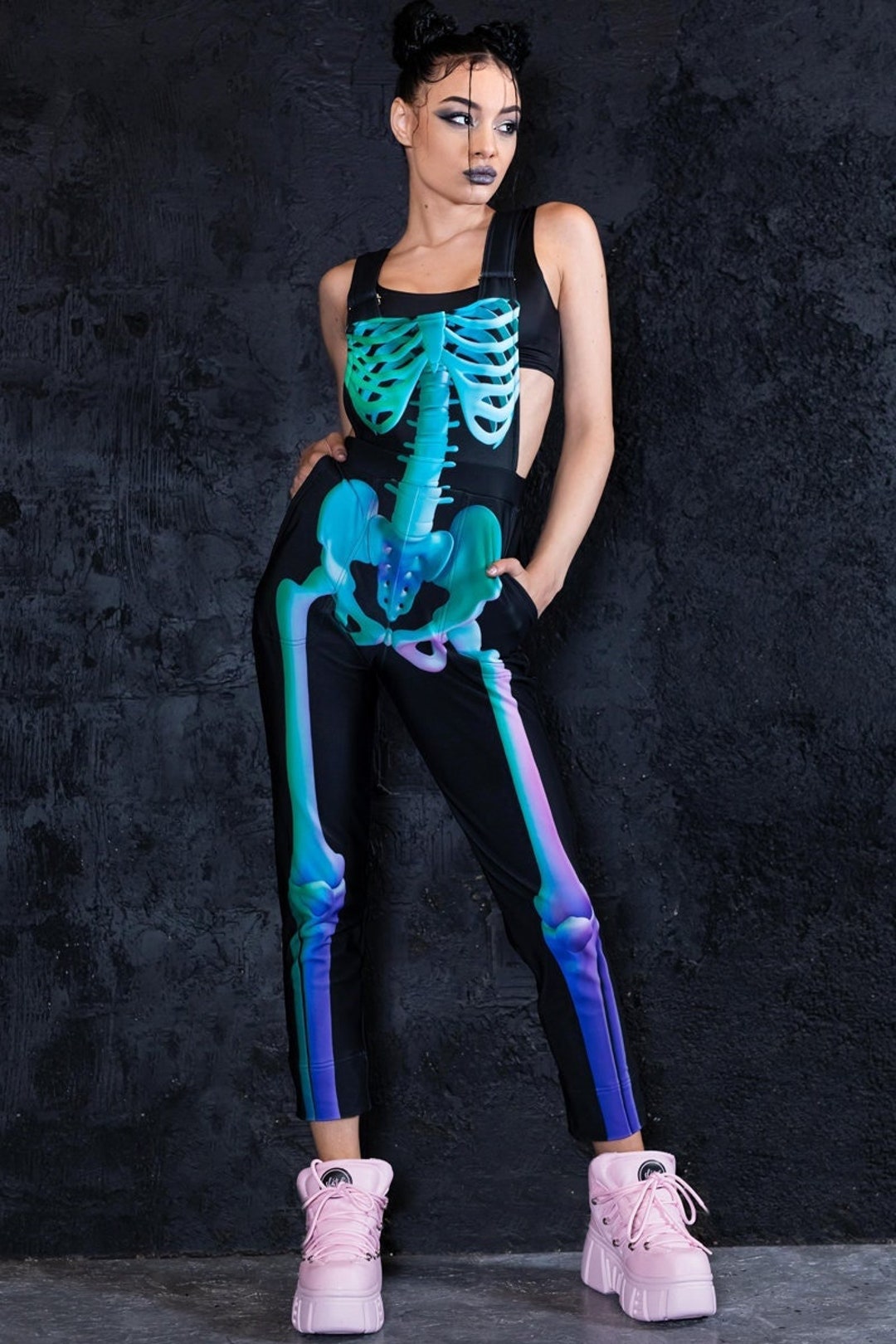 Green Skeleton Overalls, Skeleton Dungaree With Green Bones, Black Plus ...