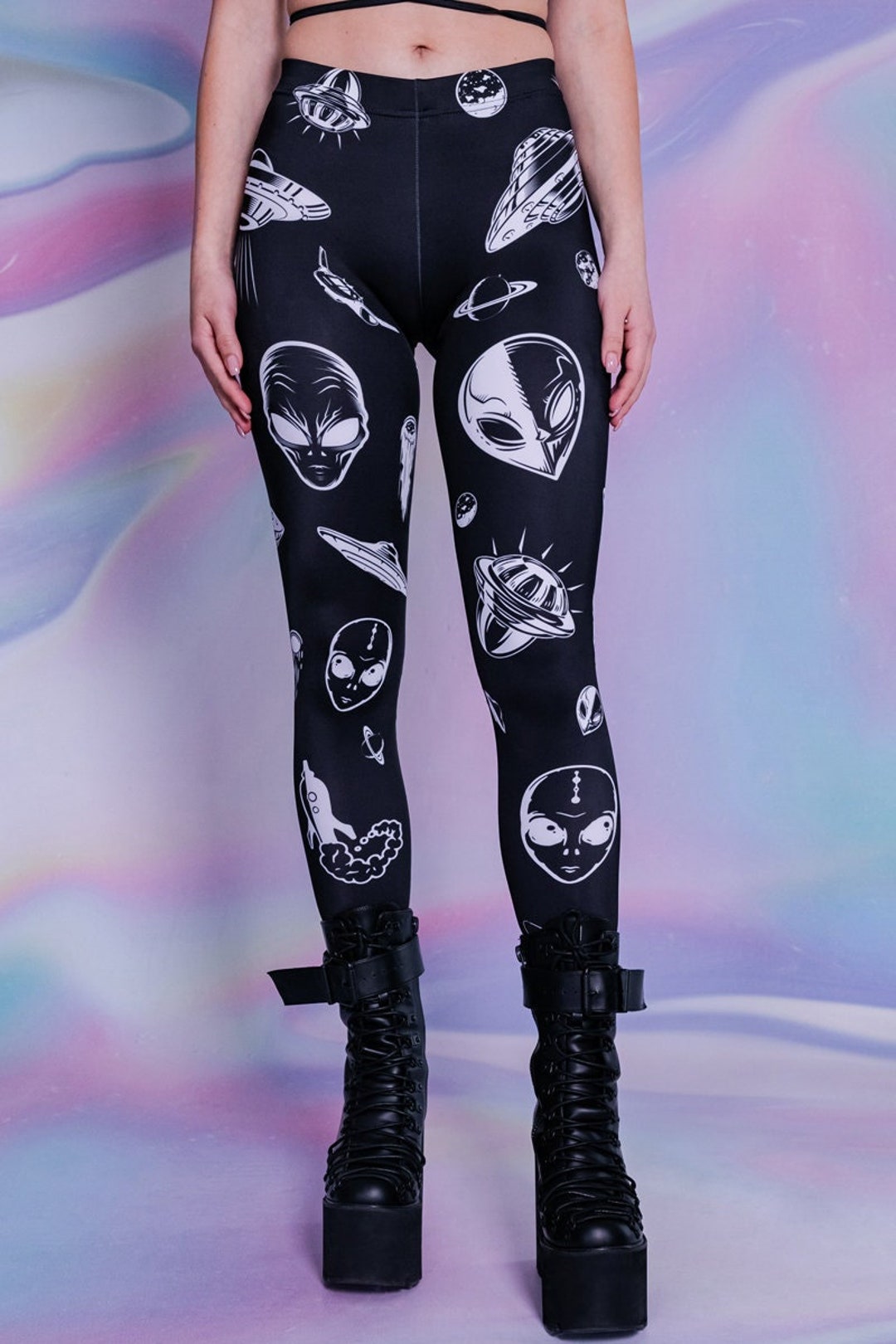 Black Alien Leggings, Space Galaxy Leggings, Printed Ufo Leggings, Two ...