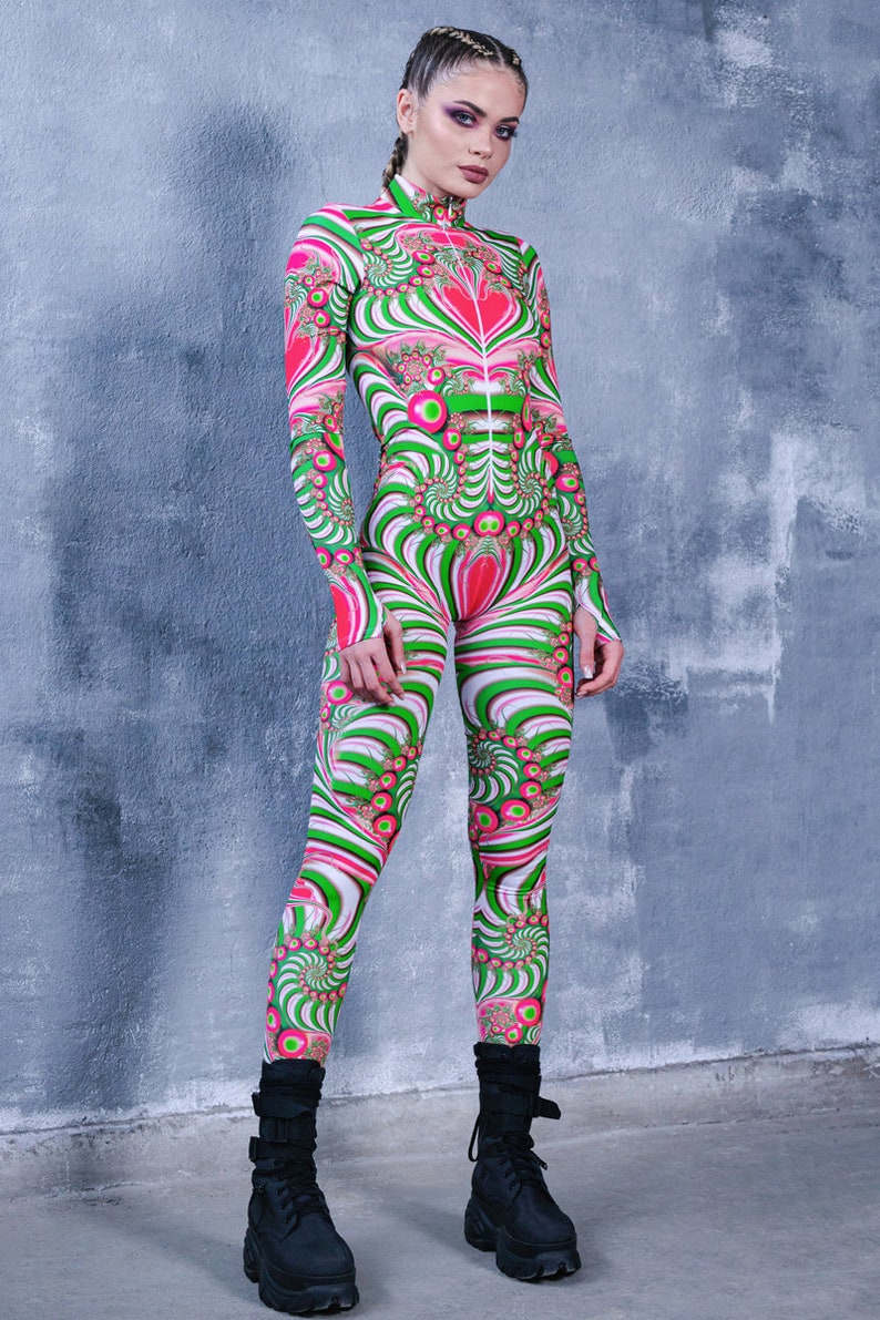 Glow in the Dark Rave Costume in Pink, Green & White, Festival Catsuit ...