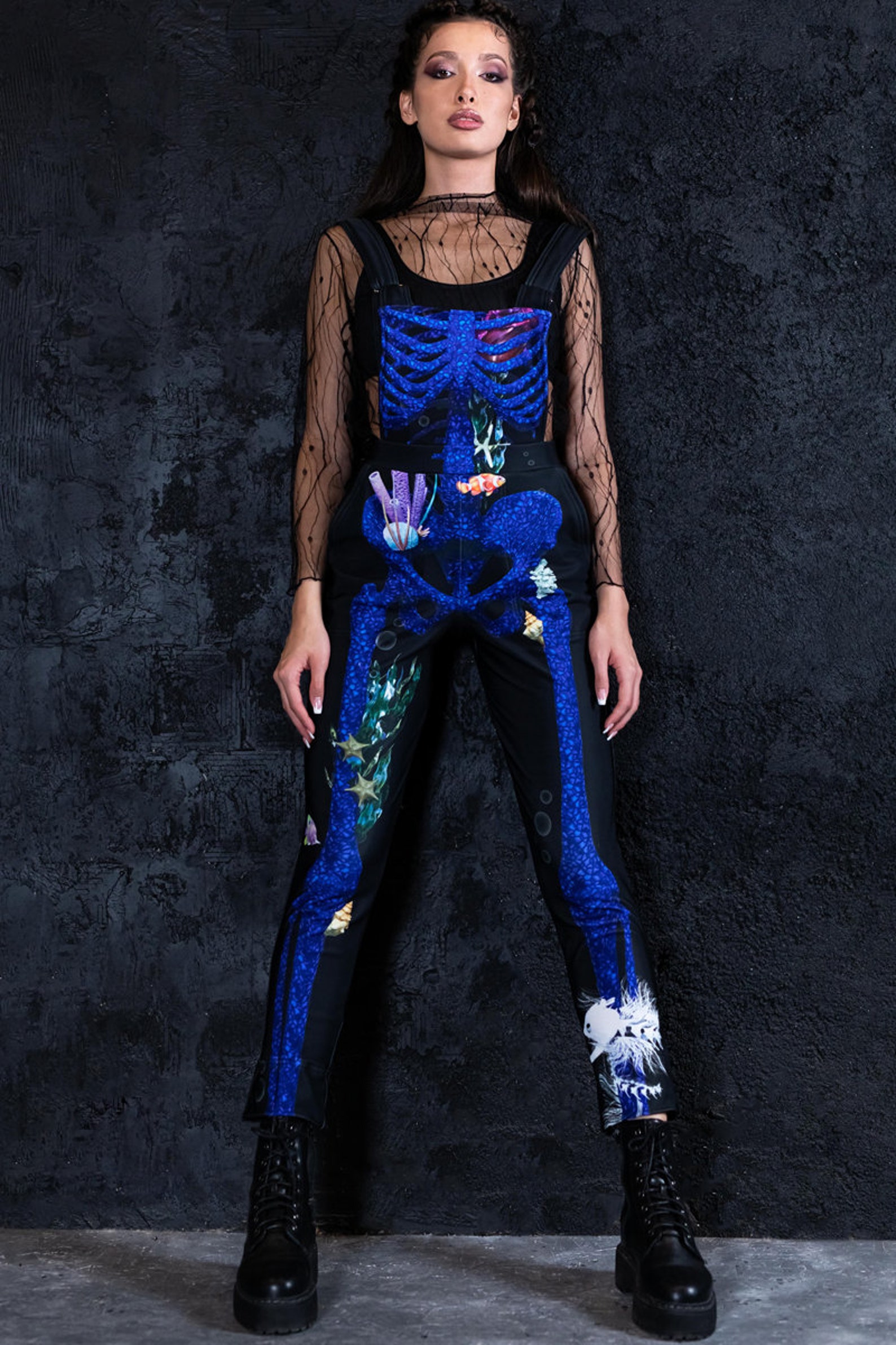 Sea Skeleton Overalls, Black Overalls With Blue Skeleton, Plus Size ...