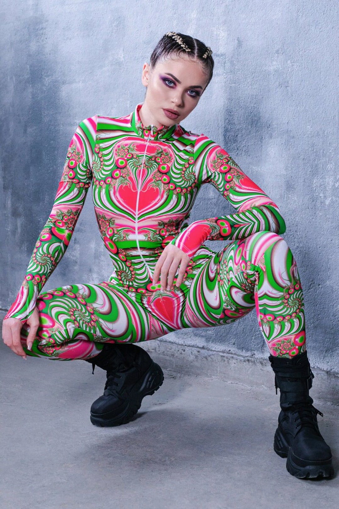 Glow in the Dark Rave Costume in Pink, Green & White, Festival Catsuit ...
