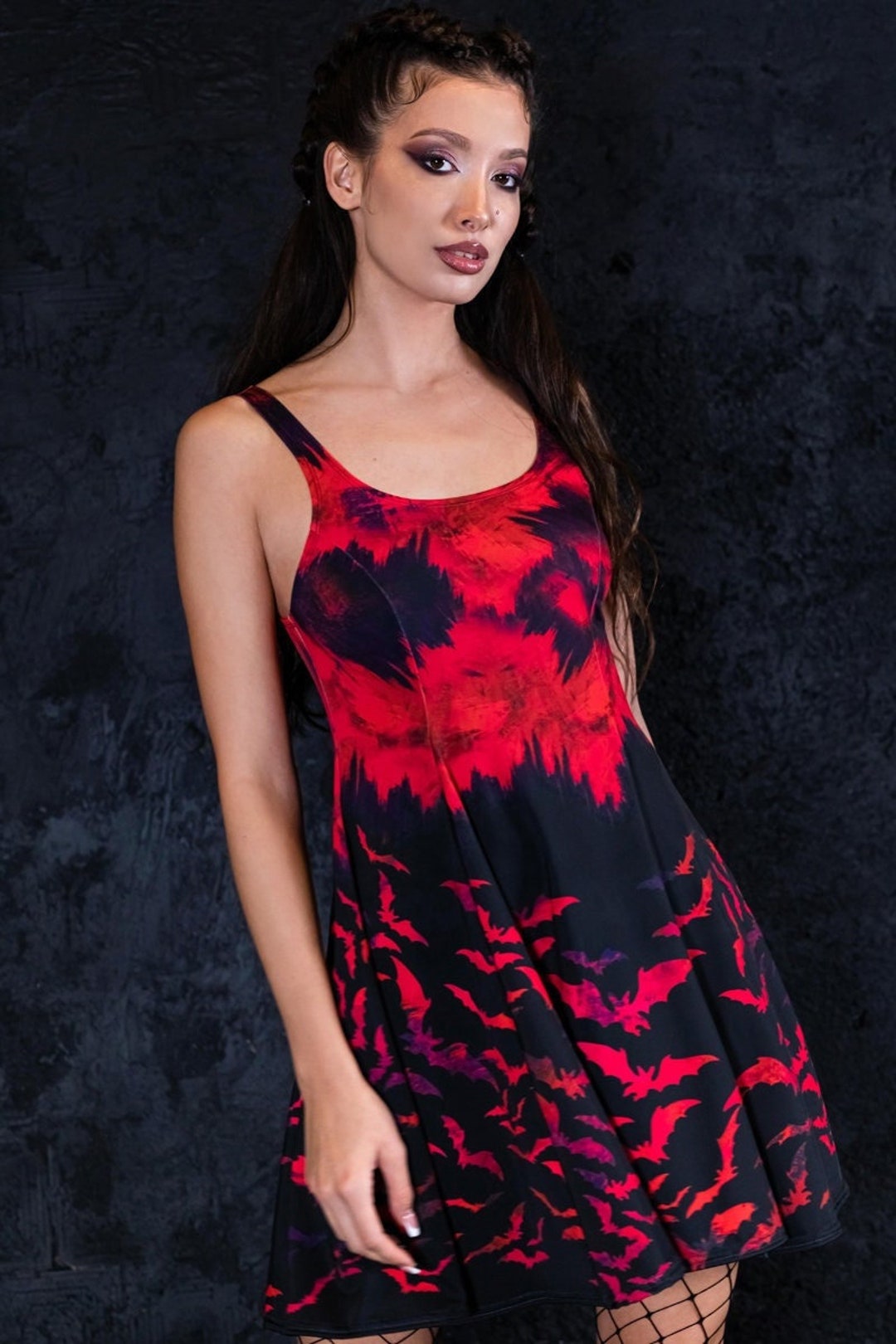 Goth Skater Dress, Printed Halloween Dress With Bats, Cute Spooky Dress ...