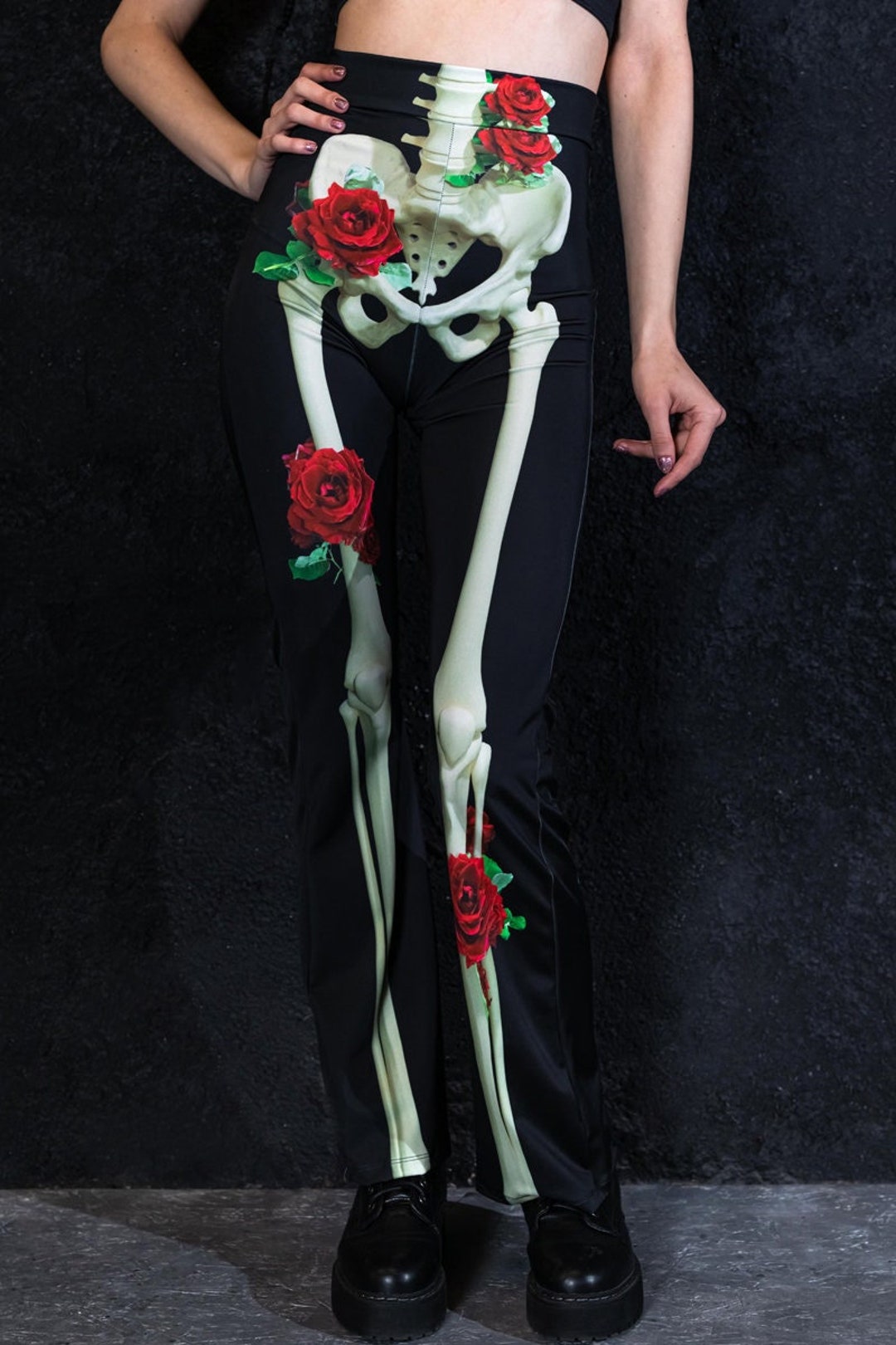 Skeleton Flare Leggings With Roses, Halloween Skeleton Flare Pants for ...