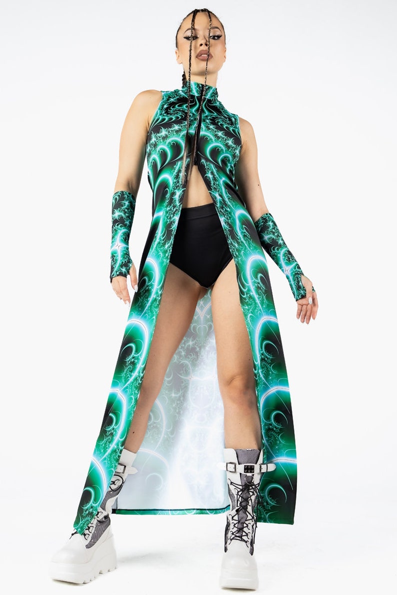 Psychedelic Rave Dress, Green Rave Outfit, Front Zipper Maxi Dress ...