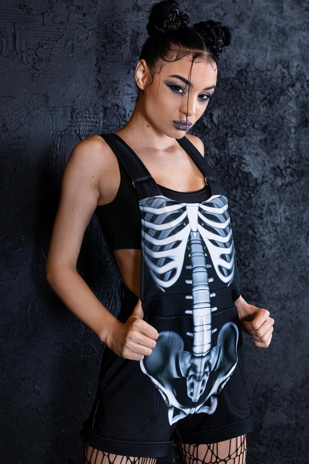 Skeleton Shortalls, Black Shorts Dungaree With White Bones, Halloween ...