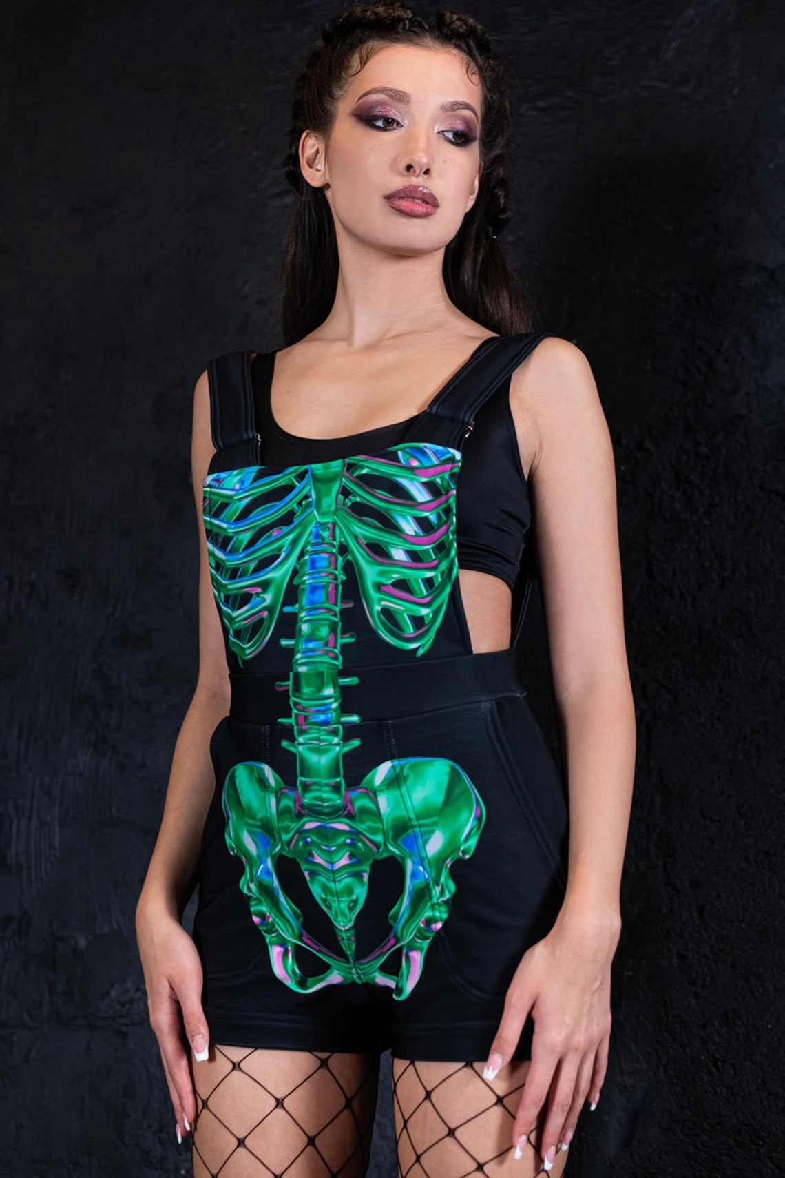 Green Skeleton Shortalls Black Shortalls With Green Bones - Etsy