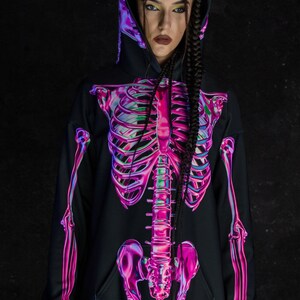 Pink Skeleton Graphic Hoodie With Ears, Halloween Hoodie for Women ...