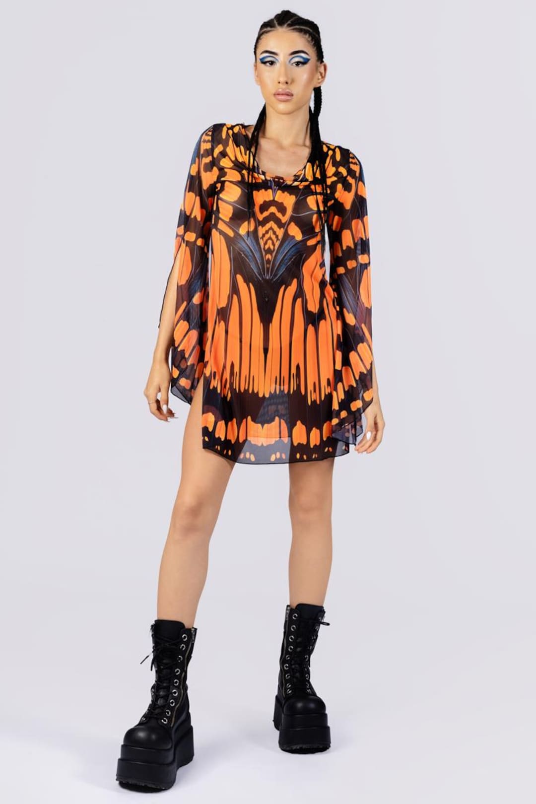 Butterfly Sheer Dress in Orange & Black, Bell Sleeve Dress, Rave Outfit ...