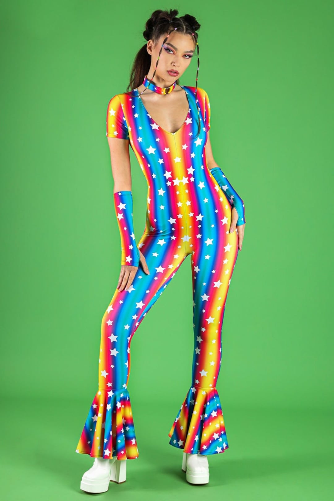 Rainbow Stripe Bell Bottoms Jumpsuit, Rainbow V-neck Jumpsuit, Pride ...