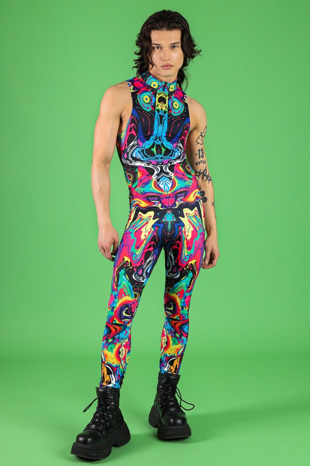 Sleeveless Costume for Men, Rainbow Rave Catsuit for Men, Spandex ...