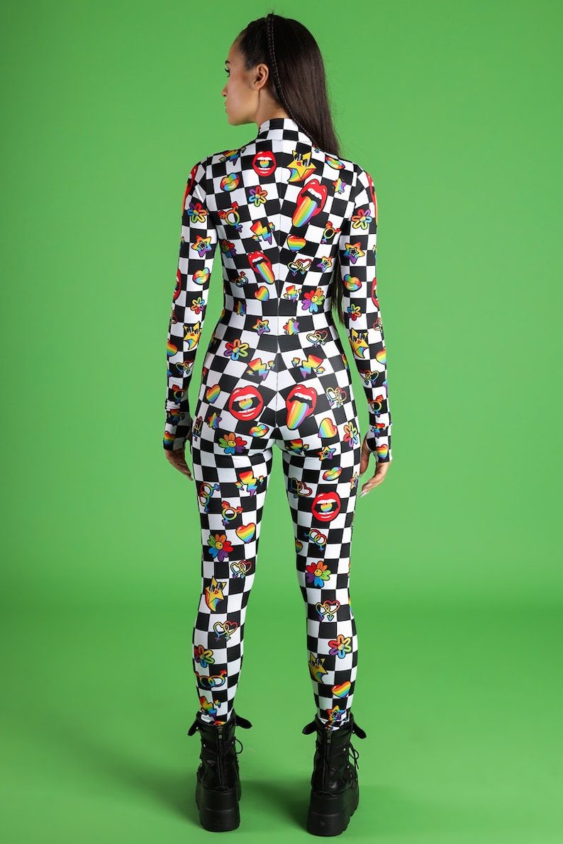Checkered Costume With Rainbow Symbols, Rave Bodysuit Costume, One ...