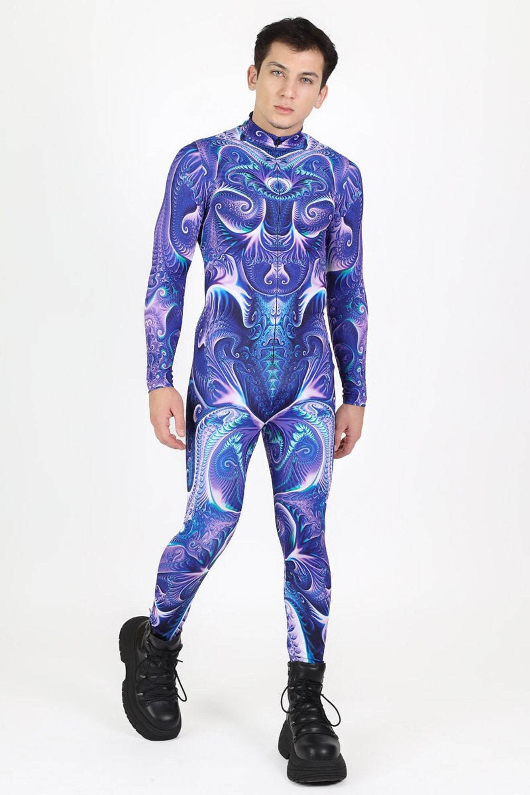 Purple Psychedelic Costume for Men, Men Purple Rave Bodysuit, Festival ...
