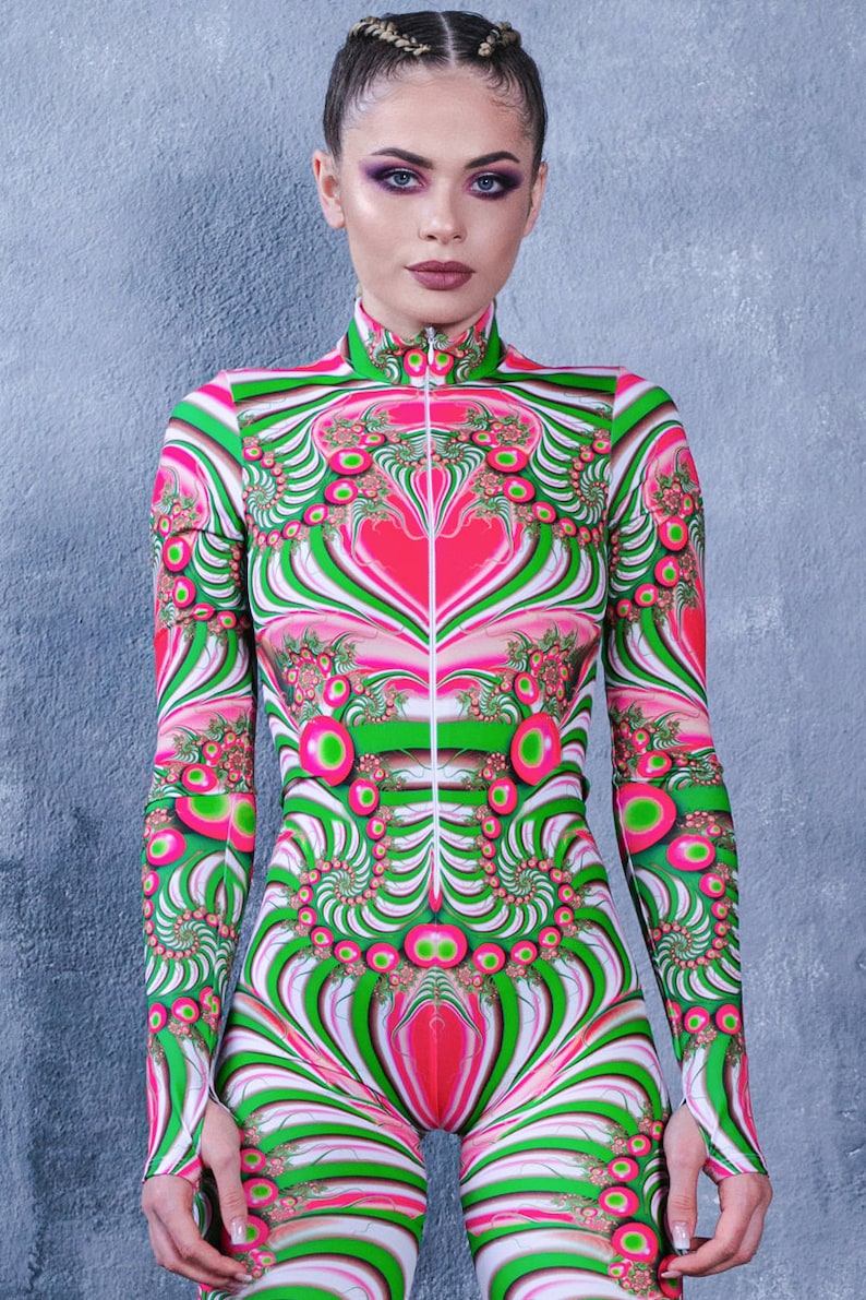 Glow in the Dark Rave Costume in Pink, Green & White, Festival Catsuit ...