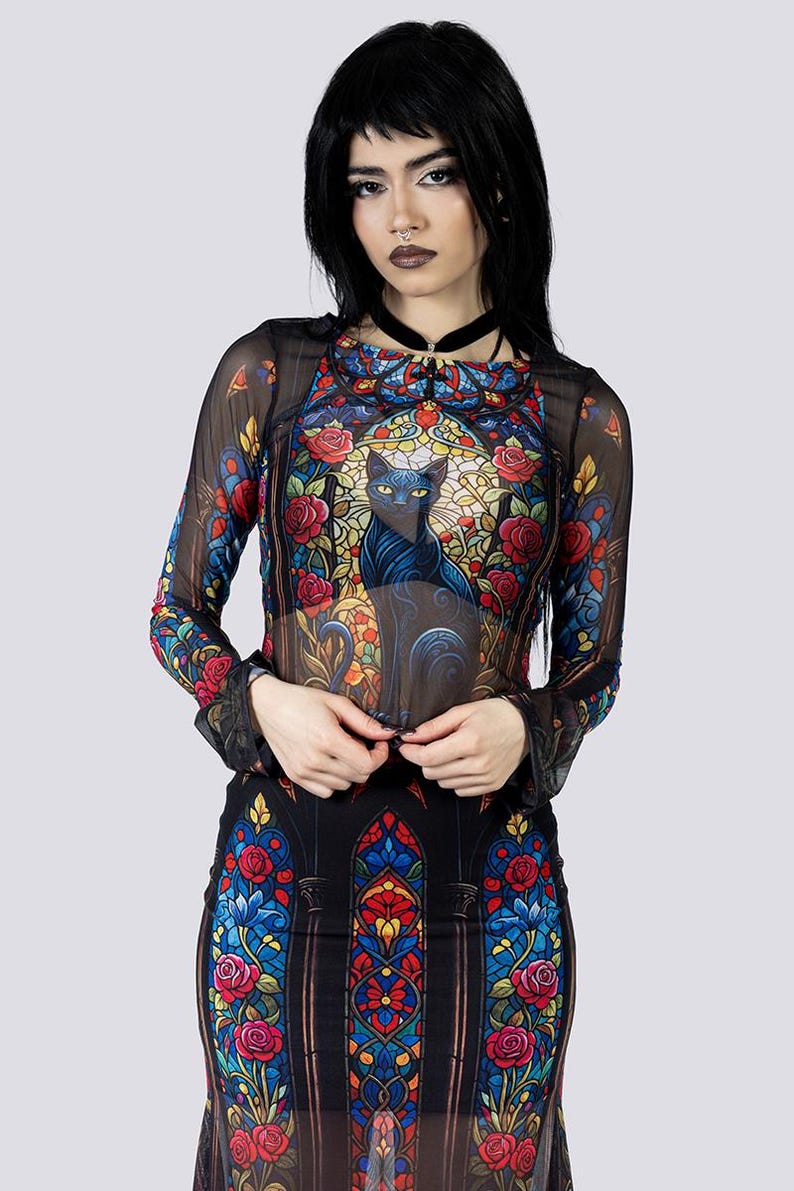 Black Cat Mesh Long Sleeve Top - Gothic Wear for Women - Etsy