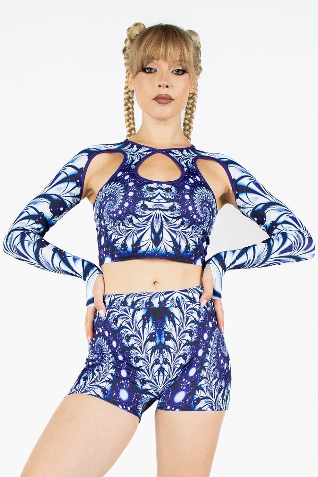 Blue High Waisted Shorts, Plus Size Rave Outfit, Rave Spandex Shorts ...