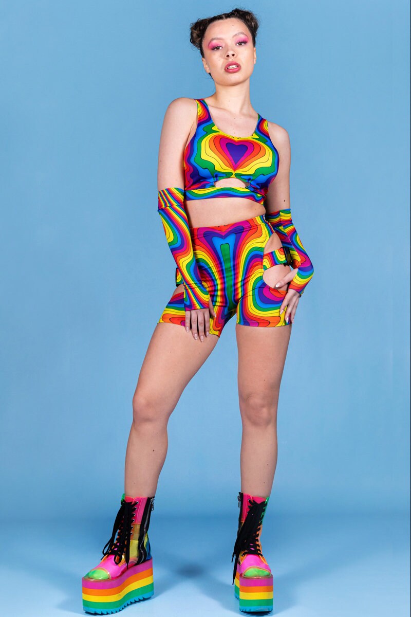 Rainbow Cut Out Biker Shorts, Pride Rave Shorts, Rave Outfit for Women ...