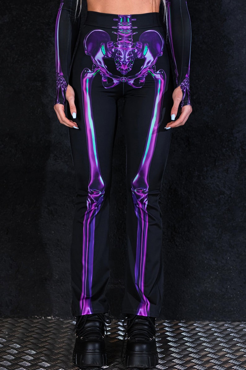 Purple Skeleton Flare Pants, Halloween Pants, Skeleton Flare Leggings ...