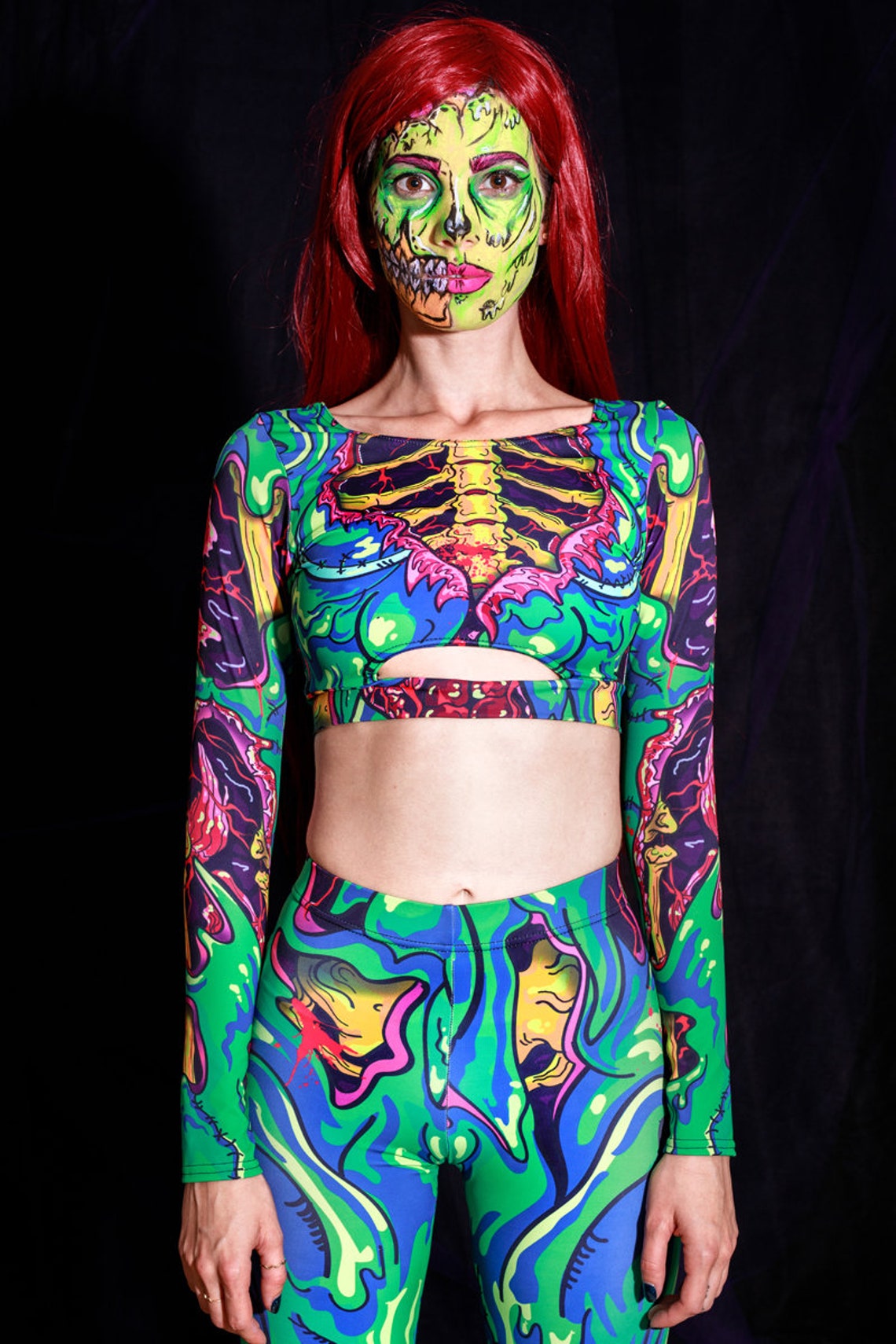 Zombie Crop Top, Long Sleeved Top for Women, Green Skeleton Crop Top ...