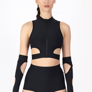 Black Cut Out Crop Top, Zip up Crop Top, Rave Crop Top, Black Co-ord ...