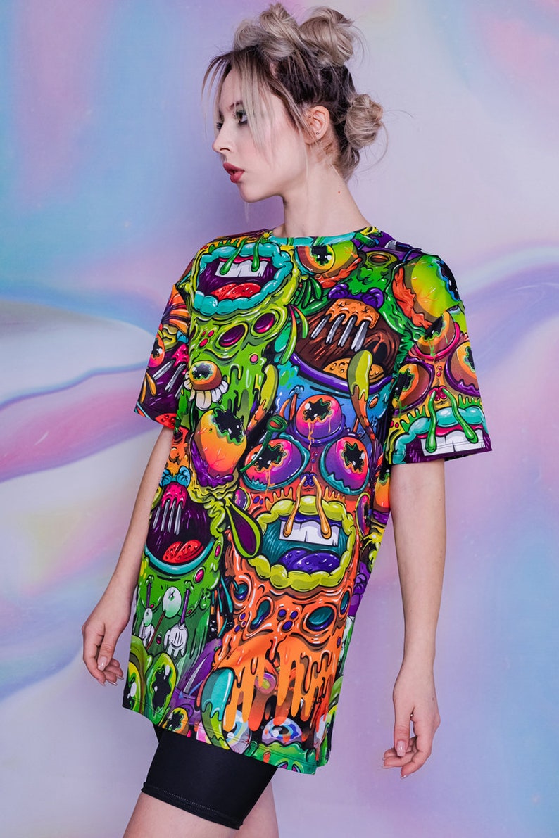 Funny Alien Graphic Tee, Colorful Cartoon Tshirt, Polyester T Shirt ...